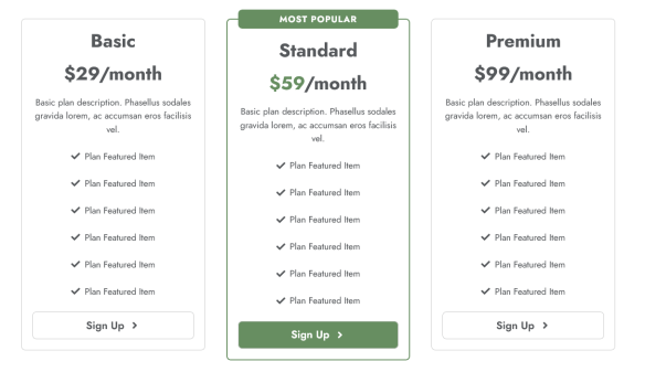 Pricing Table Block - Design 1 - wpframer